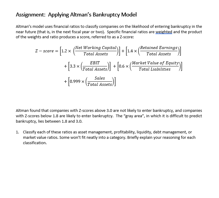 Assignment: Applying Altman's Bankruptcy Model | Chegg.com