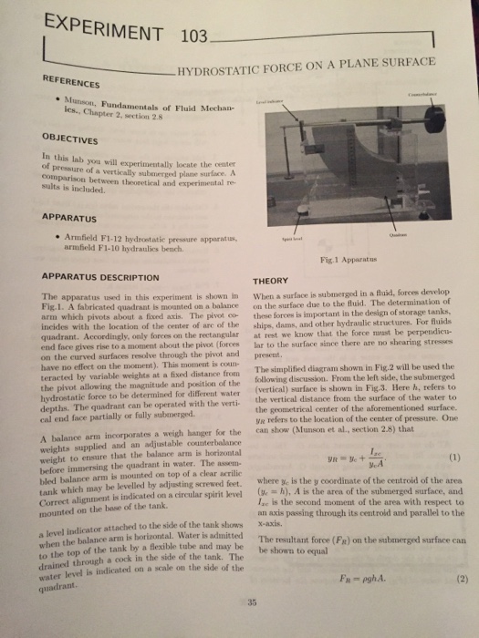 Solved EXPERIMENT 103 HYDROSTATIC FORCE ON A PLANE SURFACE | Chegg.com