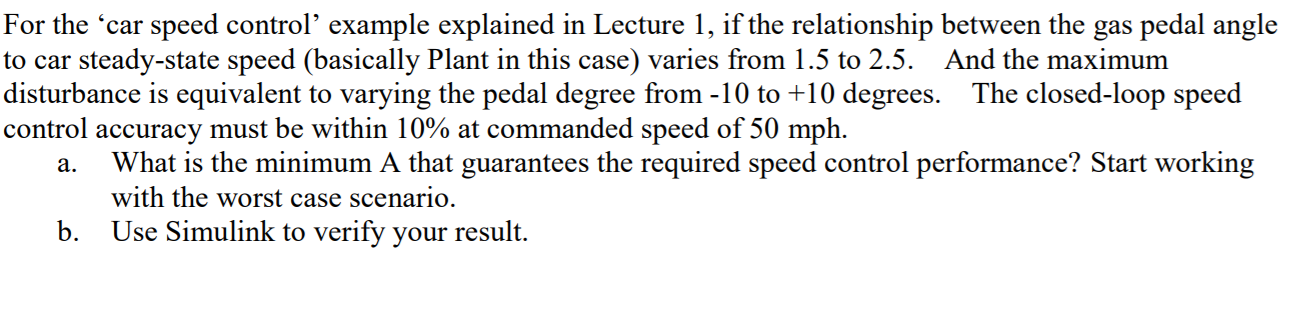 Solved For the “car speed control' example explained in | Chegg.com