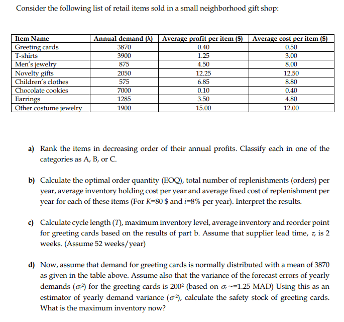 Solved Consider the following list of retail items sold in a | Chegg.com