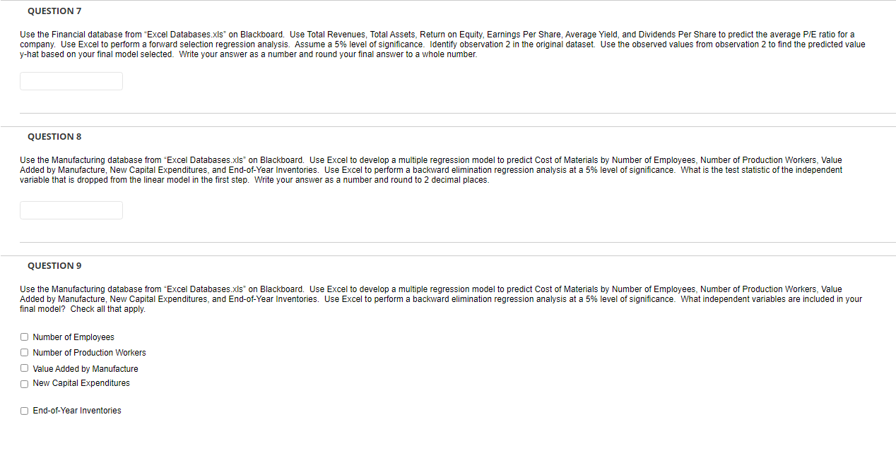 QUESTION 7 Use the Financial database from "Excel | Chegg.com