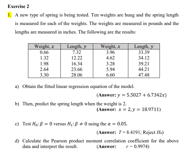 Solved Exercise 2 1. A new type of spring is being tested. | Chegg.com