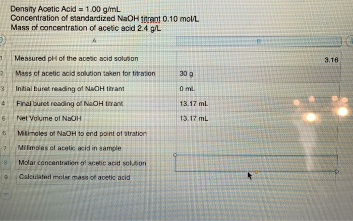 Solved Density Acetic Acid = 1.00 g/mL Concentration of | Chegg.com