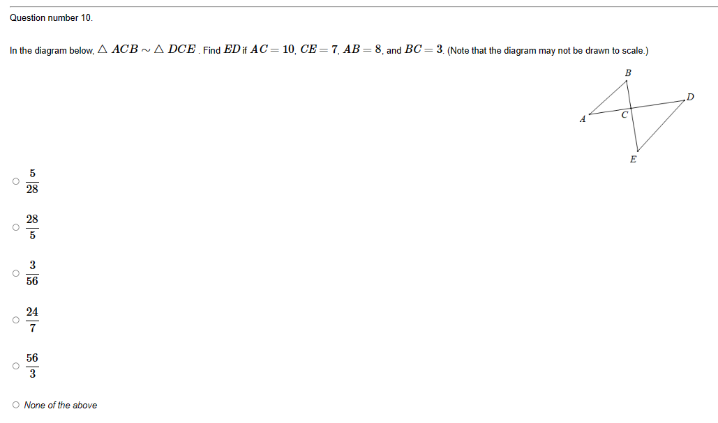 Solved In the diagram below, ACB∼ DCE. Find ED if | Chegg.com