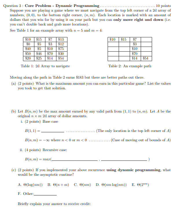 Solved Question 3 : Core Problem - Dynamic Programming 10 | Chegg.com