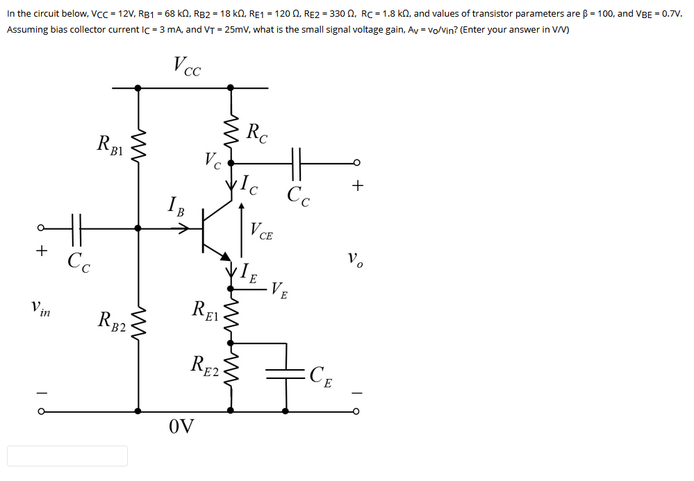 Solved In the circuit below, VCC = 12V, RB1 = 68 k1, RB2 = | Chegg.com