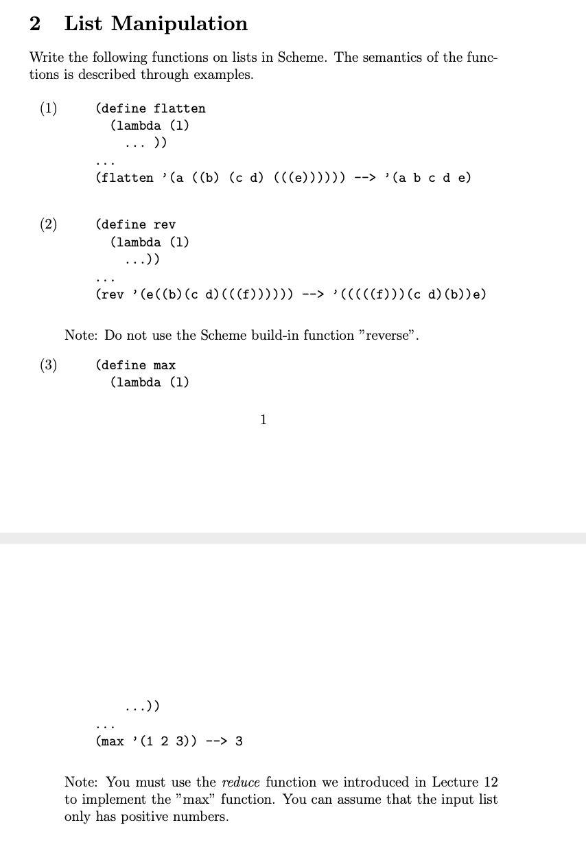 2 List Manipulation Write the following functions on | Chegg.com