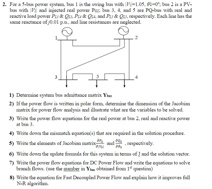 Solved For a 5-bus power system, bus 1 is the swing bus with | Chegg.com