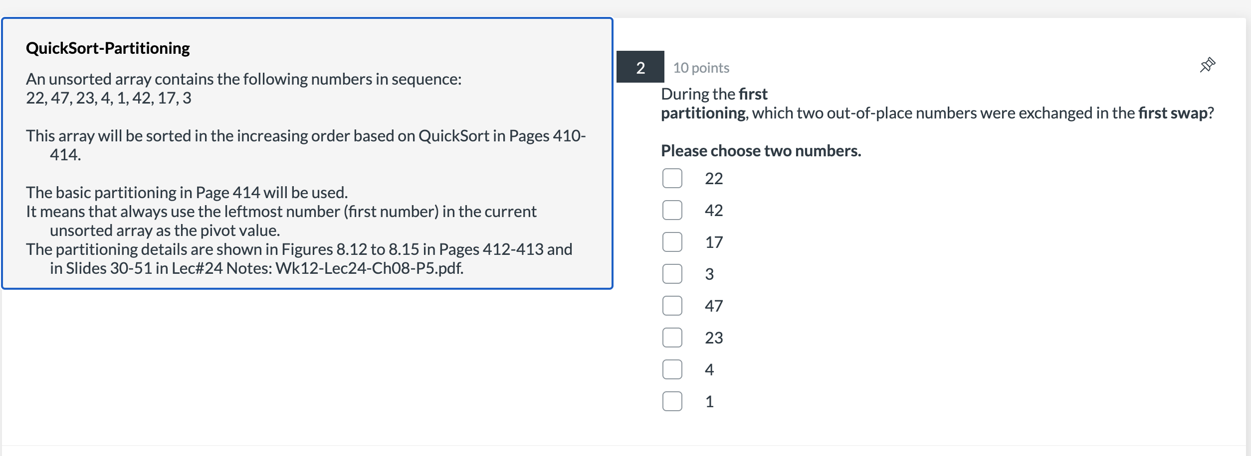 Solved QuickSort-Partitioning An unsorted array contains the | Chegg.com