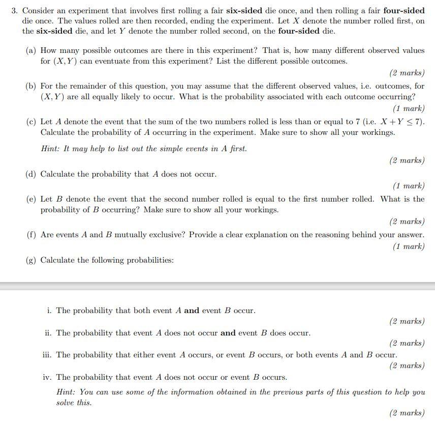 Solved 3. Consider an experiment that involves first rolling | Chegg.com