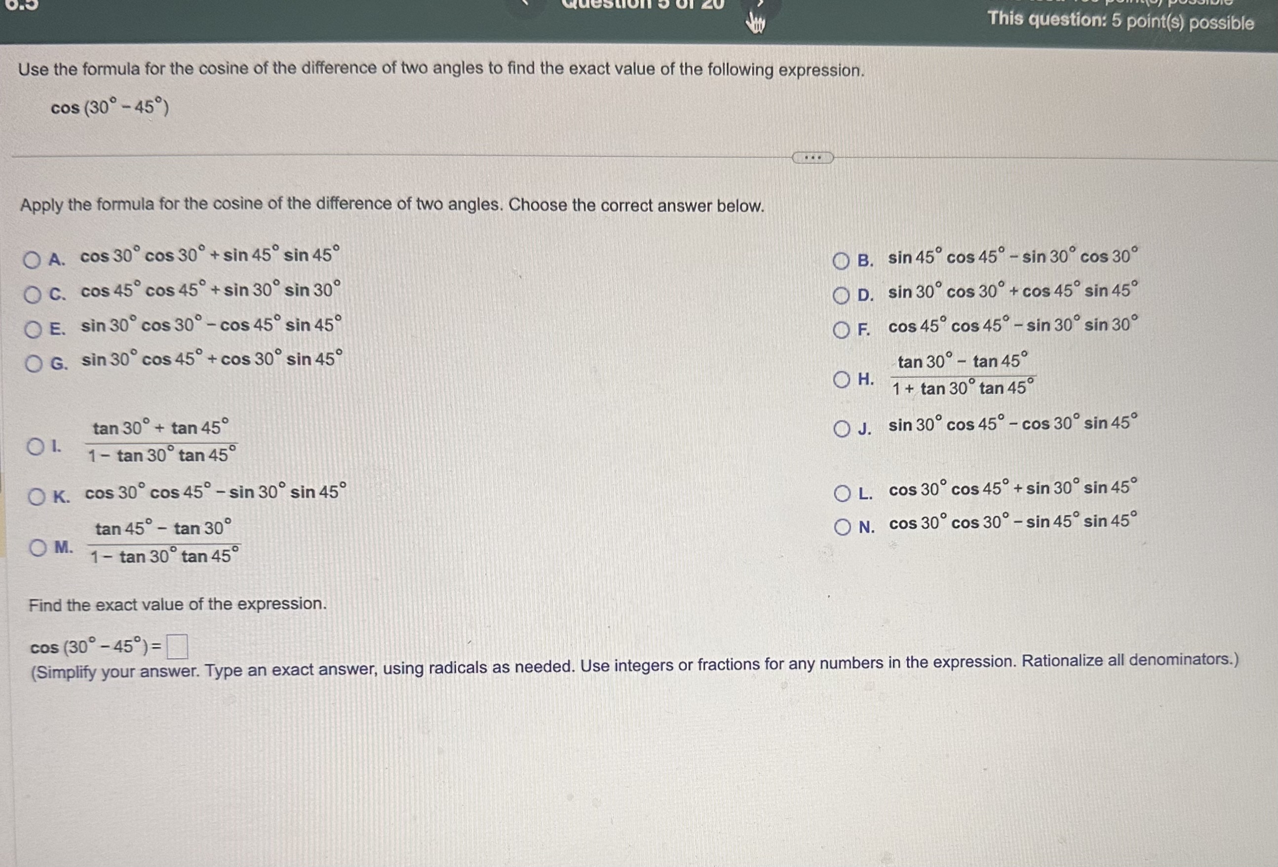 Solved Use the formula for the cosine of the difference of | Chegg.com