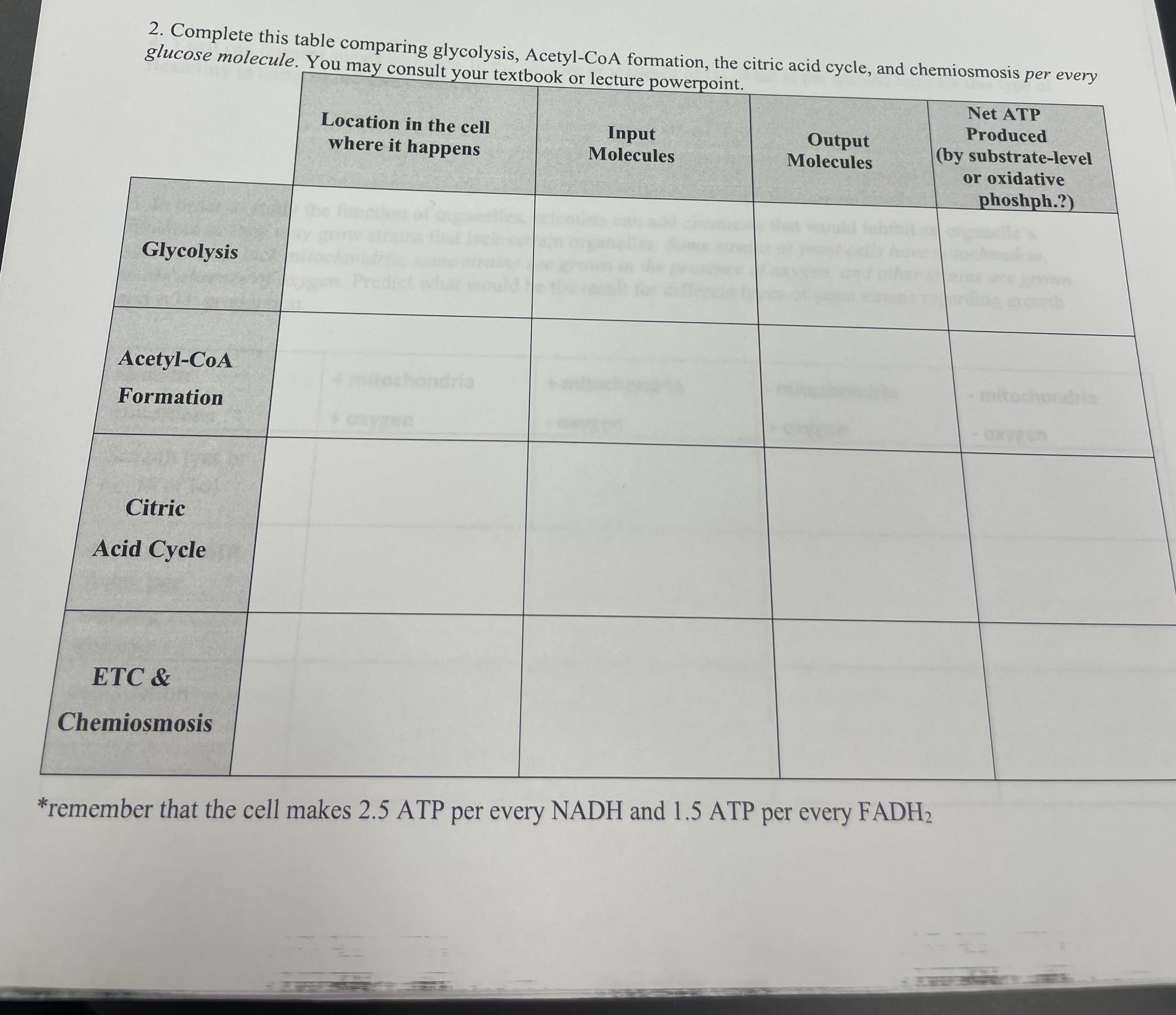 Solved 2. Complete this table comparing glycolysis, | Chegg.com