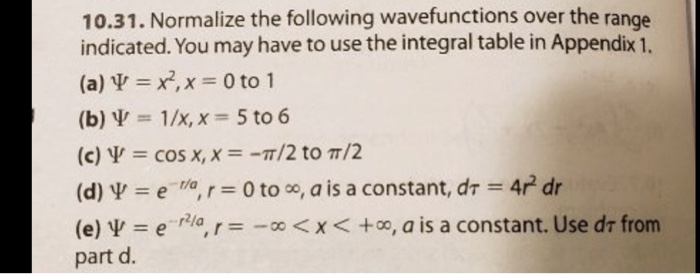 Solved 10.31. Normalize the following wavefunctions over the | Chegg.com