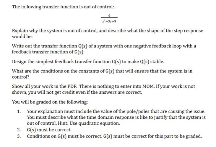 The following transfer function is out of control: | Chegg.com