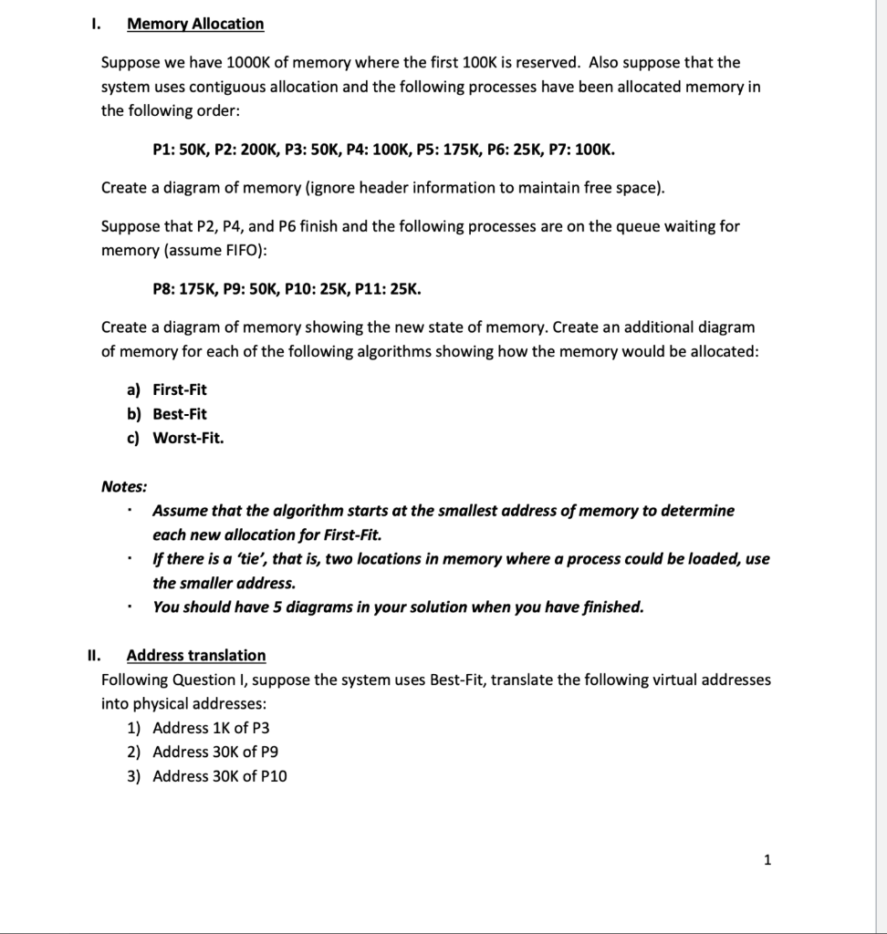 Solved I. Memory Allocation Suppose we have 1000 K of memory | Chegg.com