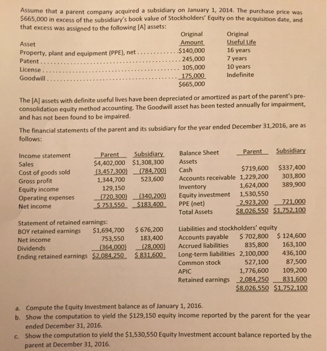 Solved Assume that a parent company acquired a subsidiary on | Chegg.com