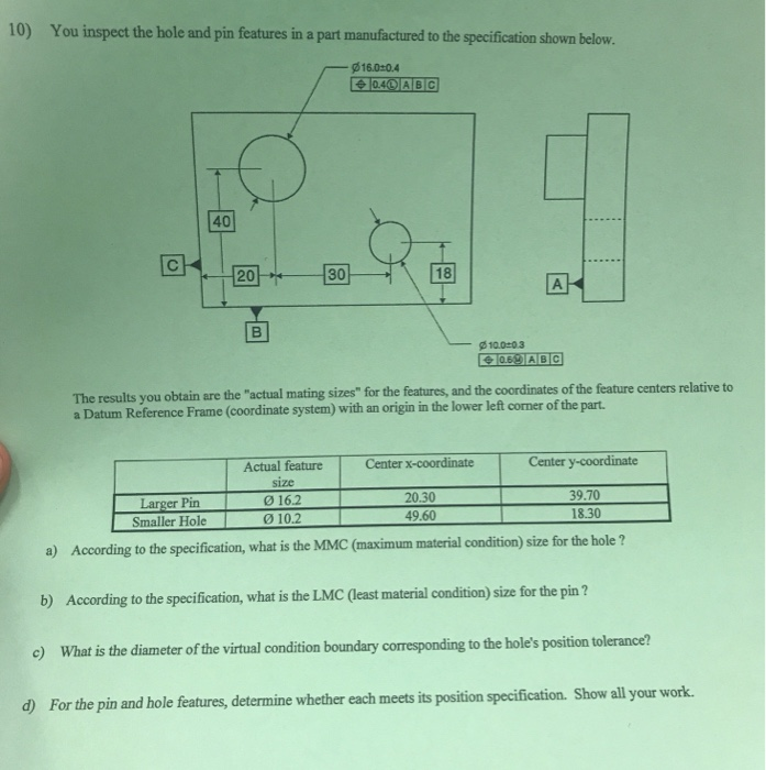Solved 10) You inspect the hole and pin features in a part | Chegg.com