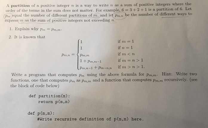 Solved A partition of a positive integer n is a way to write | Chegg.com