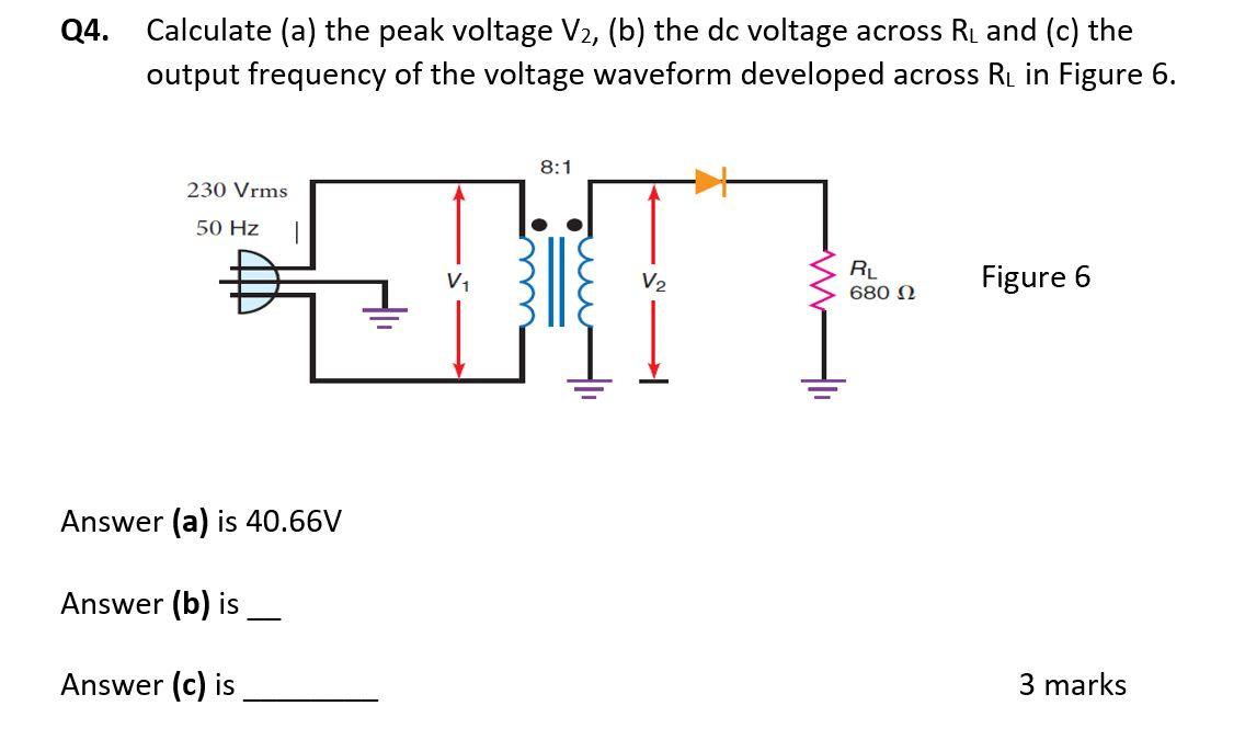 Solved Q4. Calculate (a) the peak voltage V2, (b) the dc | Chegg.com