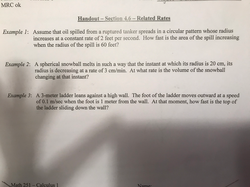 Solved MRC ok Handout - Section 4.6Related Rates Assume that | Chegg.com