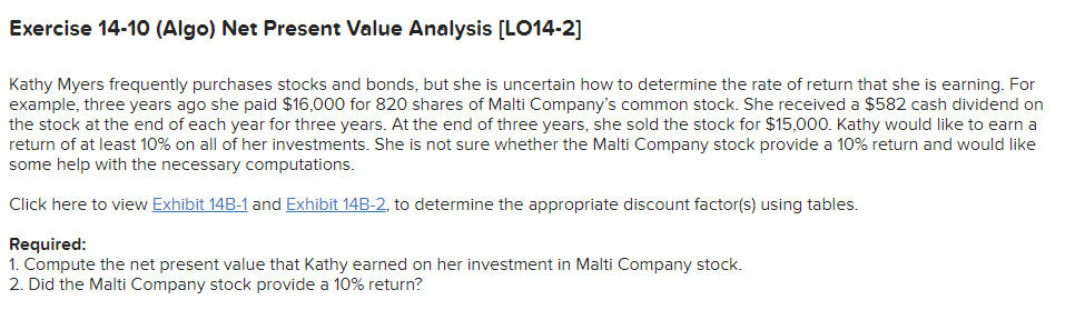 Solved Exercise 14-10 (Algo) Net Present Value Analysis | Chegg.com