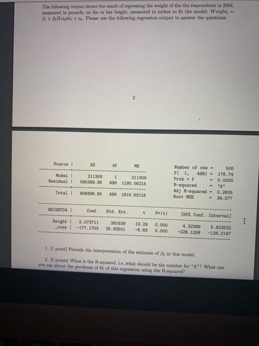 Solved The following output shows the result of regressing | Chegg.com