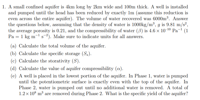 Solved 1. A small confined aquifer is 4km long by 2km wide | Chegg.com