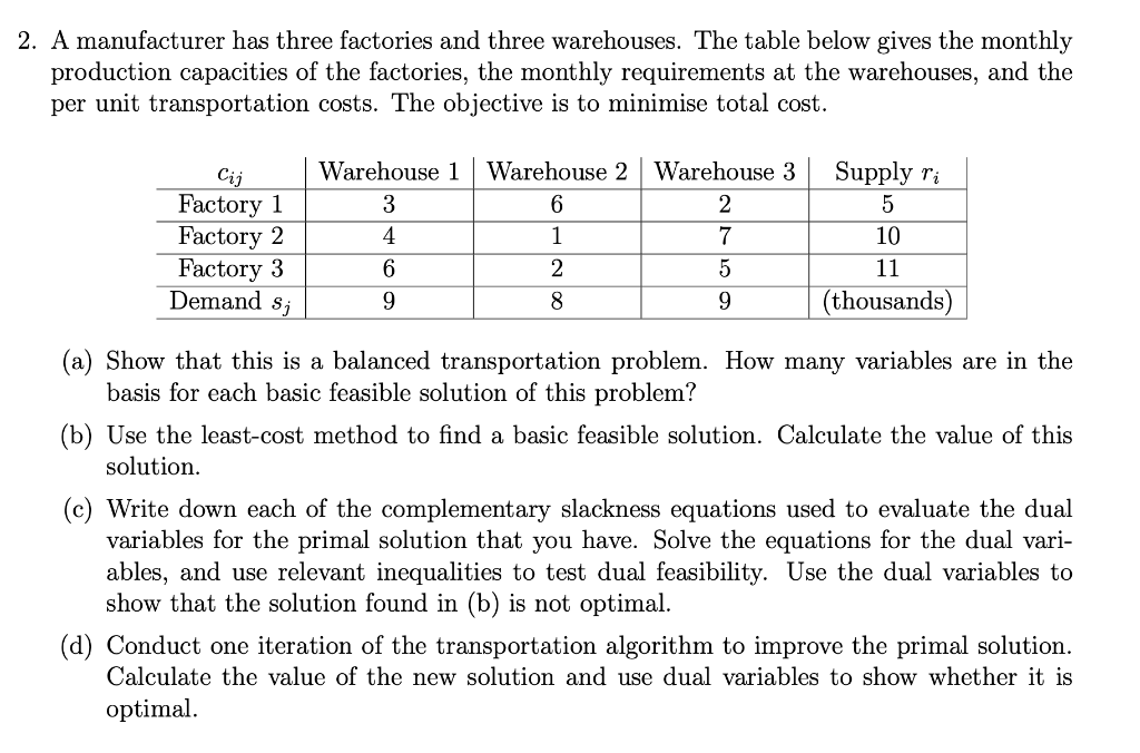 Solved 2. A manufacturer has three factories and three | Chegg.com