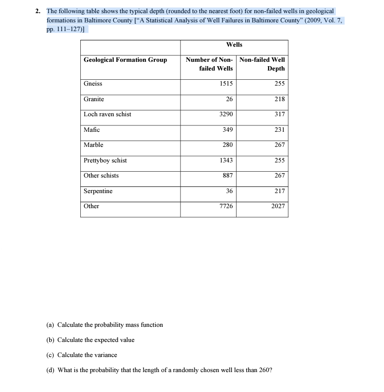 Solved 2. The following table shows the typical depth | Chegg.com
