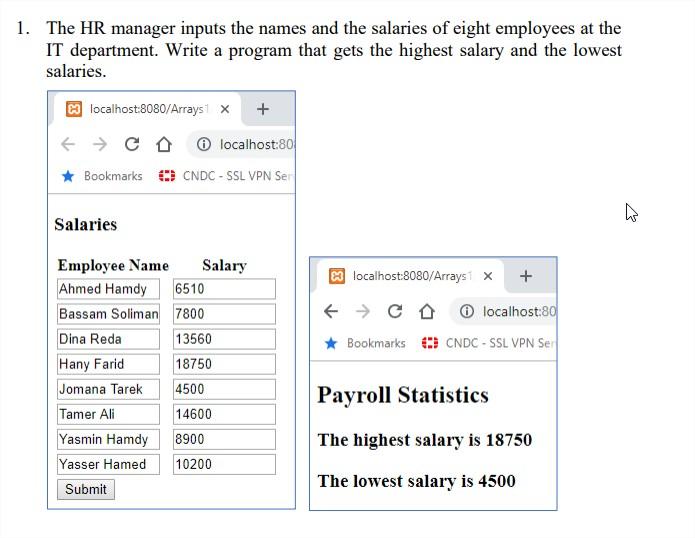 Solved 1. The HR manager inputs the names and the salaries | Chegg.com