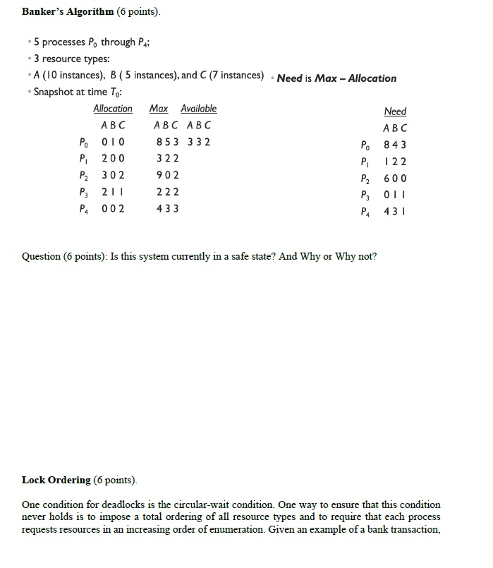 Solved Banker's Algorithm (6 points). • 5 processes P, | Chegg.com