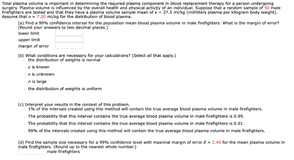 Solved Total plasma volume is important in determining the | Chegg.com