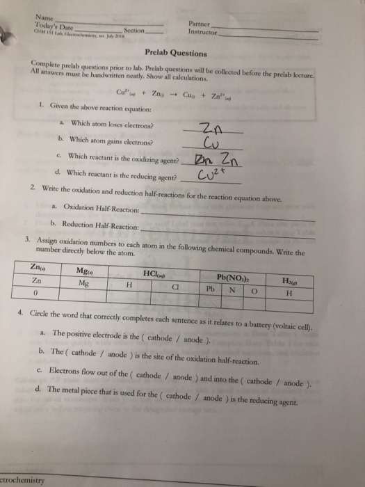 Solved Name Today's Date Partner Instructor Section Prelab | Chegg.com
