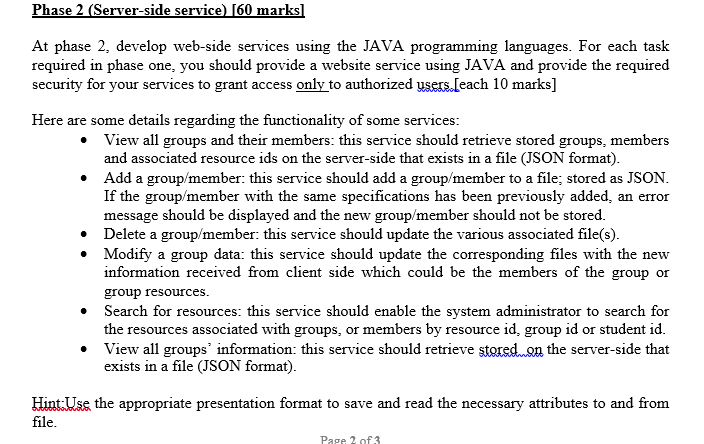 Solved At phase 2, develop web-side services using the JAVA | Chegg.com