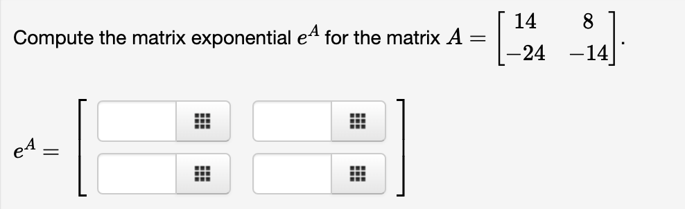 Solved Compute the matrix exponential e A for the matrix A = | Chegg.com