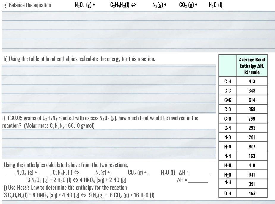Solved h) Using the table of bond enthalpies, calculate the | Chegg.com