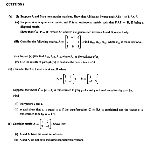 Solved QUESTION1 (a) (i) Suppose A and B are nonsingular | Chegg.com
