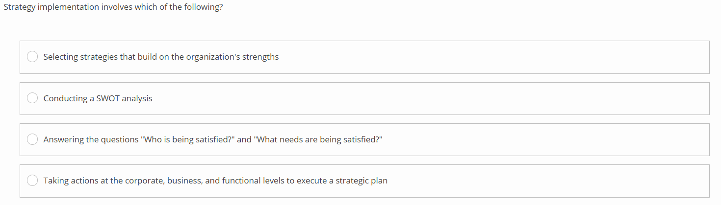 Solved Strategy implementation involves which of the | Chegg.com
