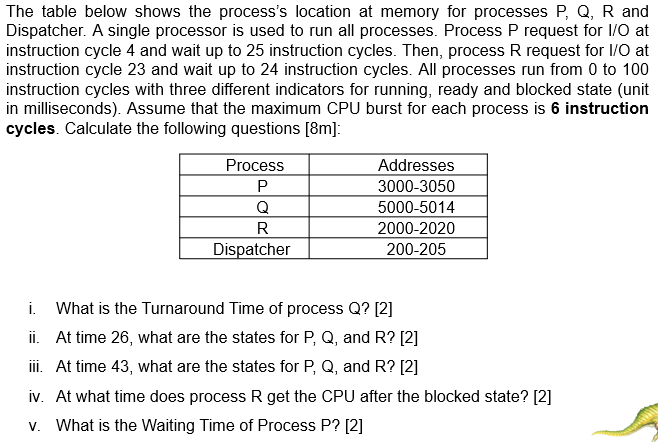 Solved The table below shows the process's location at | Chegg.com