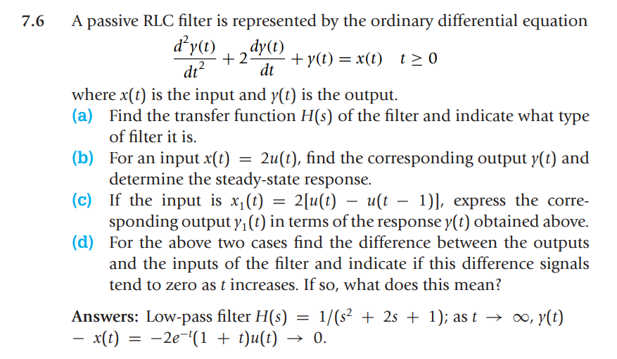 Solved A passive RLC filter is represented by the ordinary | Chegg.com