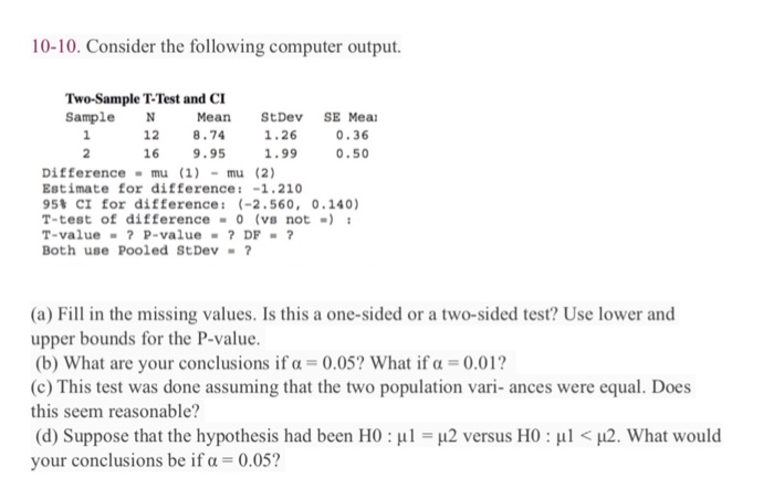 Solved 10 10 Consider The Following Computer Output
