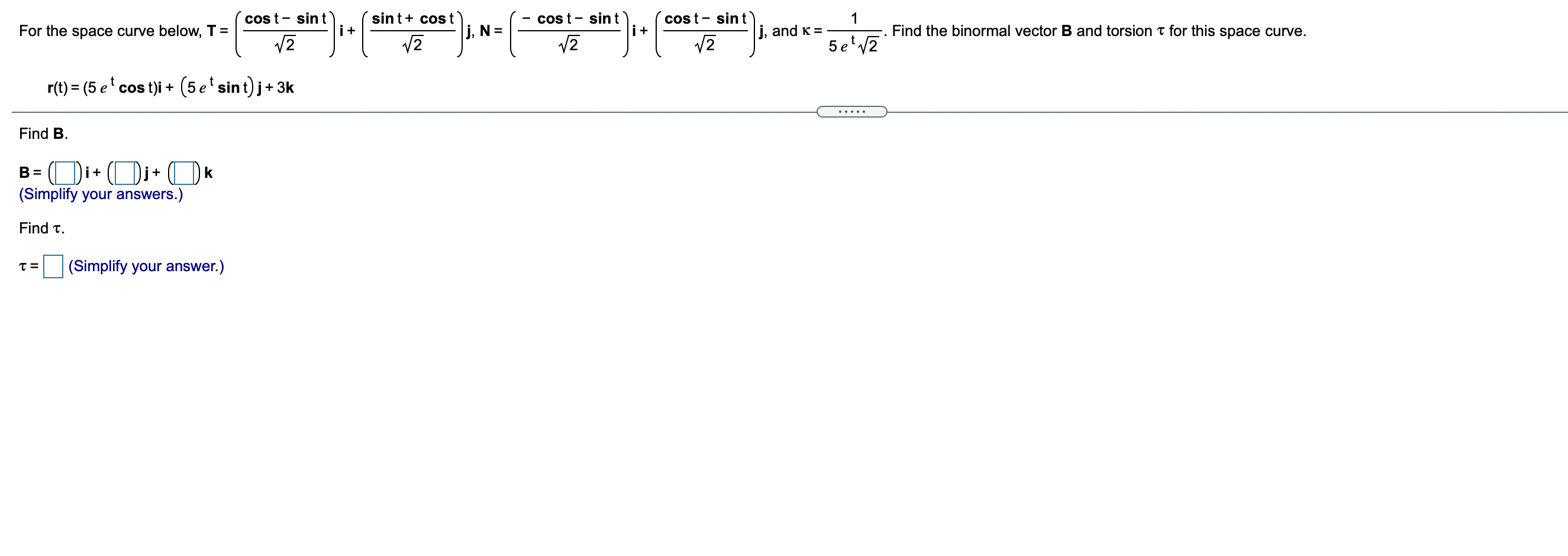 Solved cost- sint sint + cost For the space curve below, T = | Chegg.com