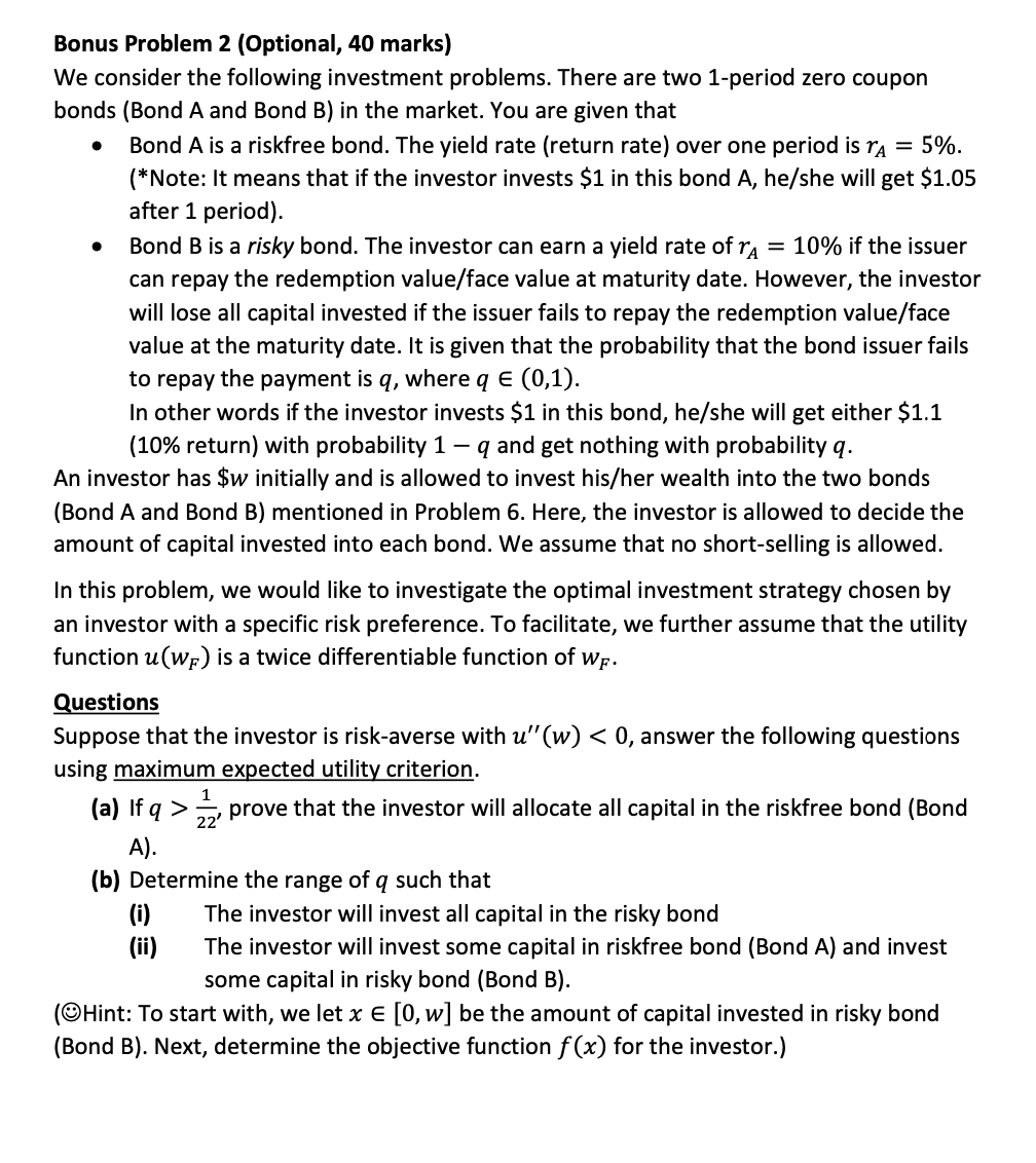 Bonus Problem 2 (Optional, 40 marks) We consider | Chegg.com