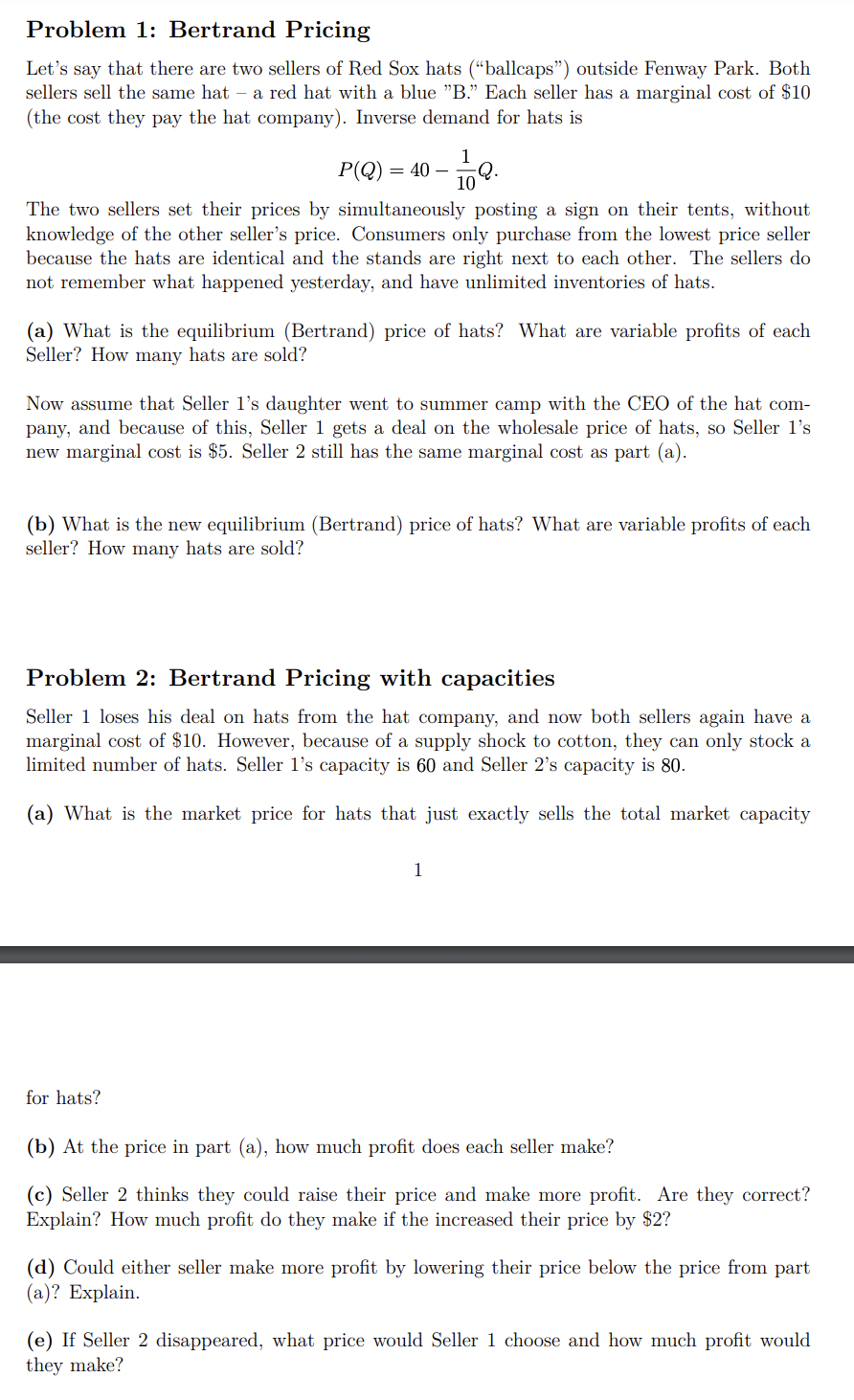 Solved Problem 1: Bertrand Pricing Let's say that there are | Chegg.com