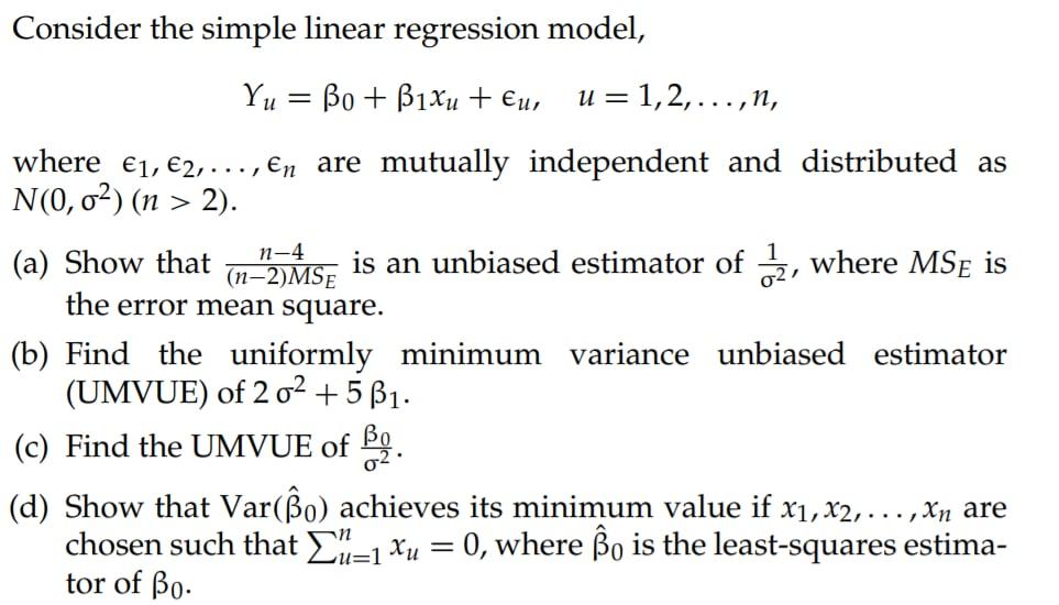 Solved Consider the simple linear regression model, Yu = Bo | Chegg.com