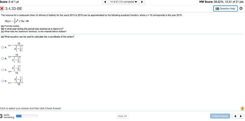 Solved 14 of 21 (15 complete) Score: 0 of 1 pt X 3.4.33-BE | Chegg.com