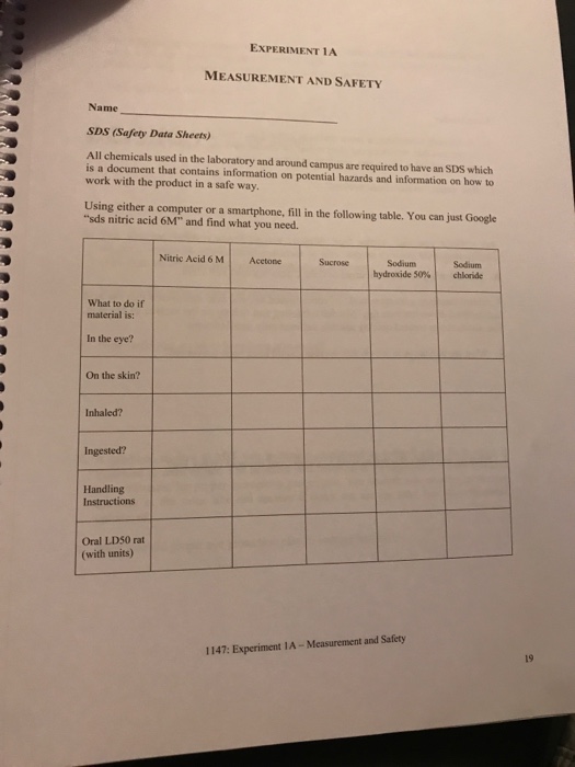 Solved EXPERIMENT 1A MEASUREMENT AND SAFETY Name SDS (Safety | Chegg.com