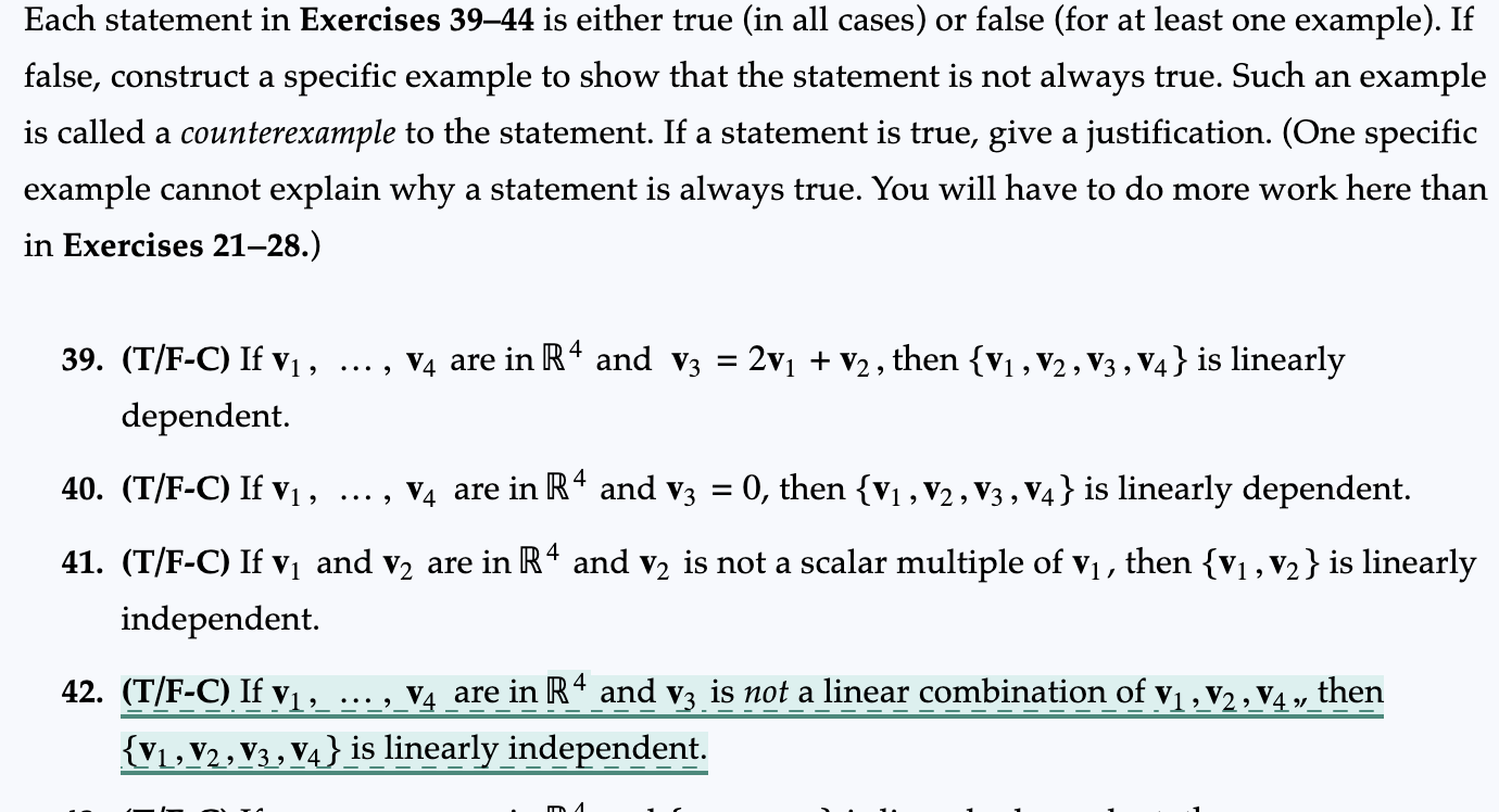Solved 42.) (T/F-C) If v1, ... , v4 are in R4 and v3 is not | Chegg.com