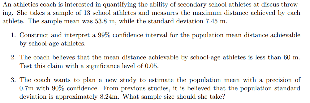 Solved An athletics coach is interested in quantifying the | Chegg.com