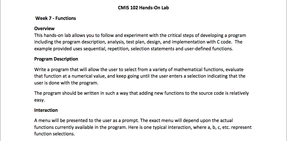 CMIS 102 Hands-On Lab Week 7 - Functions Overview | Chegg.com